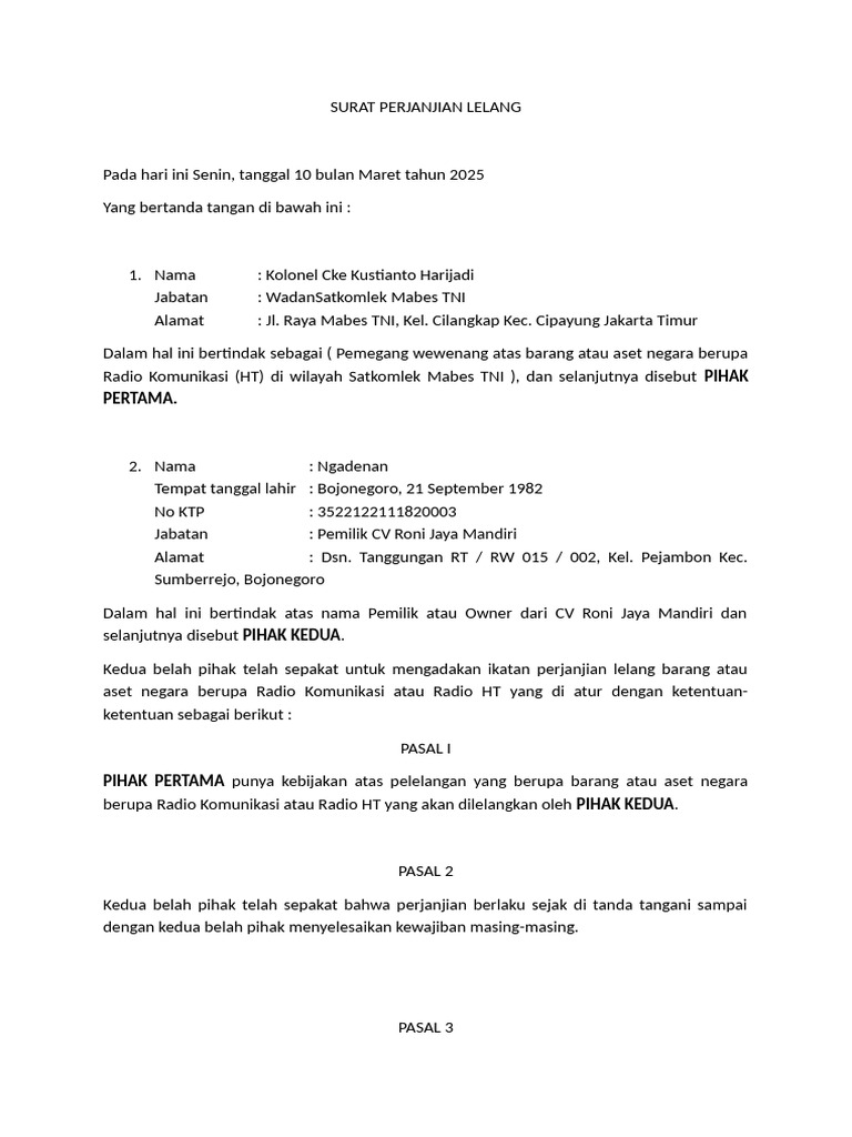 Surat Perjanjian Lelang | PDF