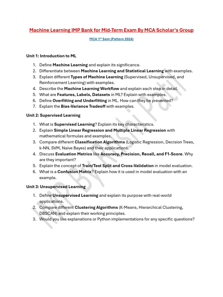 Machine Learning IMP Bank For Mid Term Exam by MCA Scholars Group | PDF