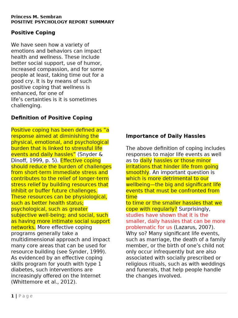 Positive Coping Report Summary | PDF | Stress (Biology) | Emotions