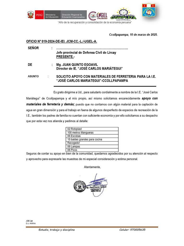 OFICIO #019 Apoyo DEFENSA CIVIL | PDF