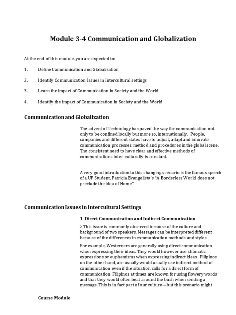 W3 & W4 Lesson 2 Communication and Globalization - Module | PDF | Communication | Accent ...