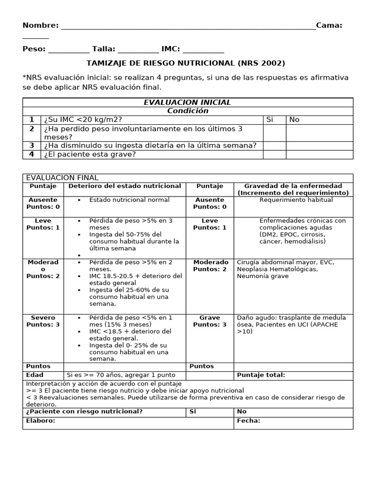Tamizaje de Riesgo Nutricional (NRS 2002) | PDF | Pérdida de peso ...