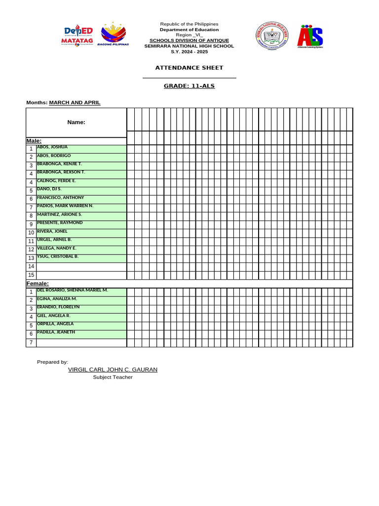 ATTENDANCE SHEET For Subject Teacher | PDF