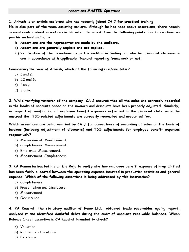 Assertions MASTER Questions | PDF | Audit | Business