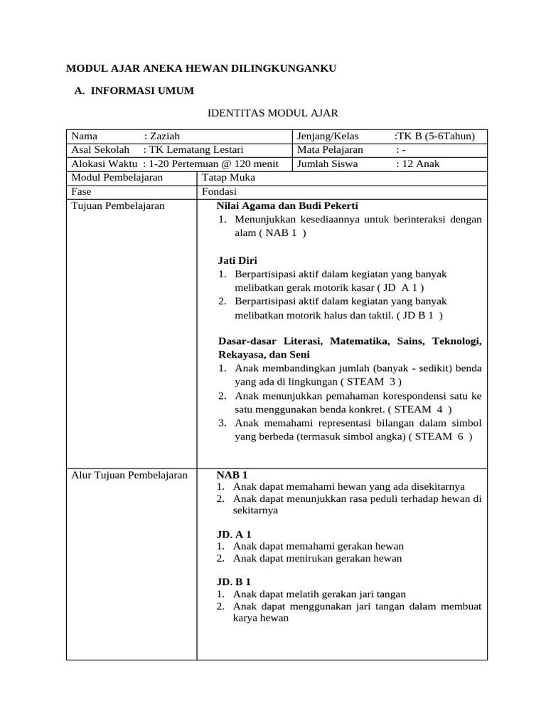 Modul Ajar Mengenal Hewan untuk TK | PDF