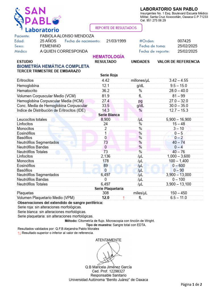 007425 FABIOLA ALONSO MENDOZA | PDF | Hematología | Patologia clinica