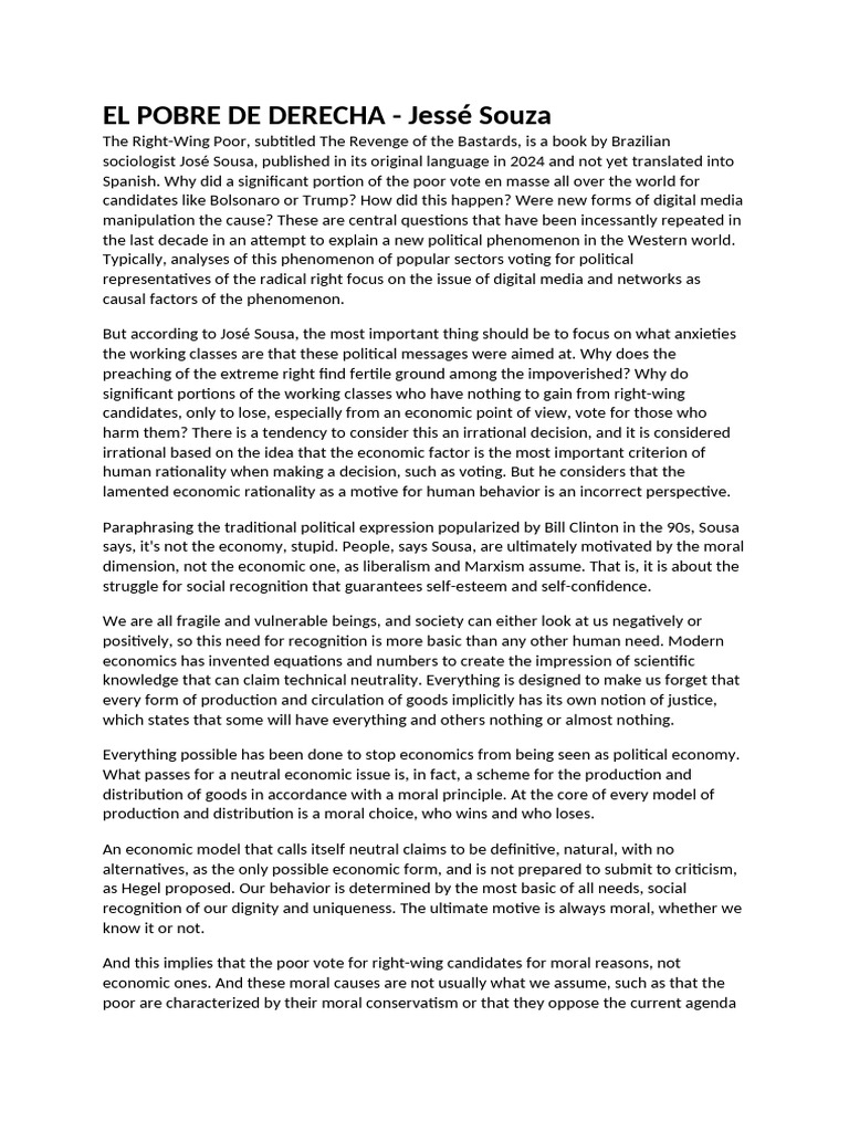 EL POBRE DE DERECHA - Jessé Souza | PDF | Poverty | Poverty & Homelessness