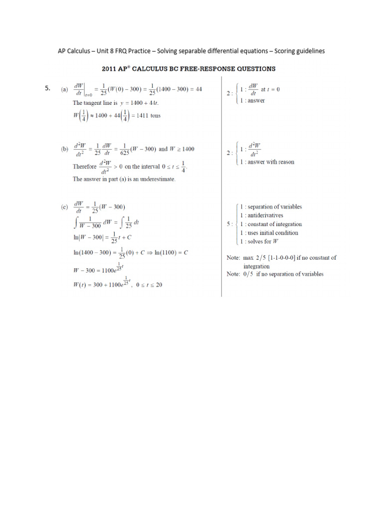 Practice FRQs - Solving Separable Differential Equations Scoring Guidelines | PDF