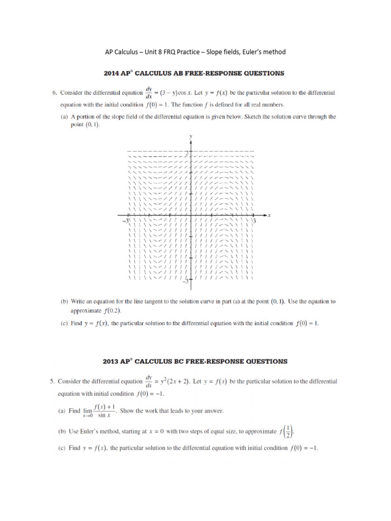 Practice FRQs - Slope Fields, Euler - S Method | PDF