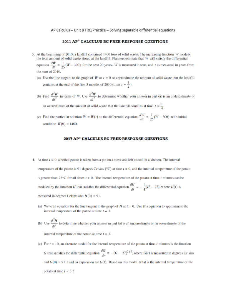 Practice FRQs - Solving Separable Differential Equations | PDF