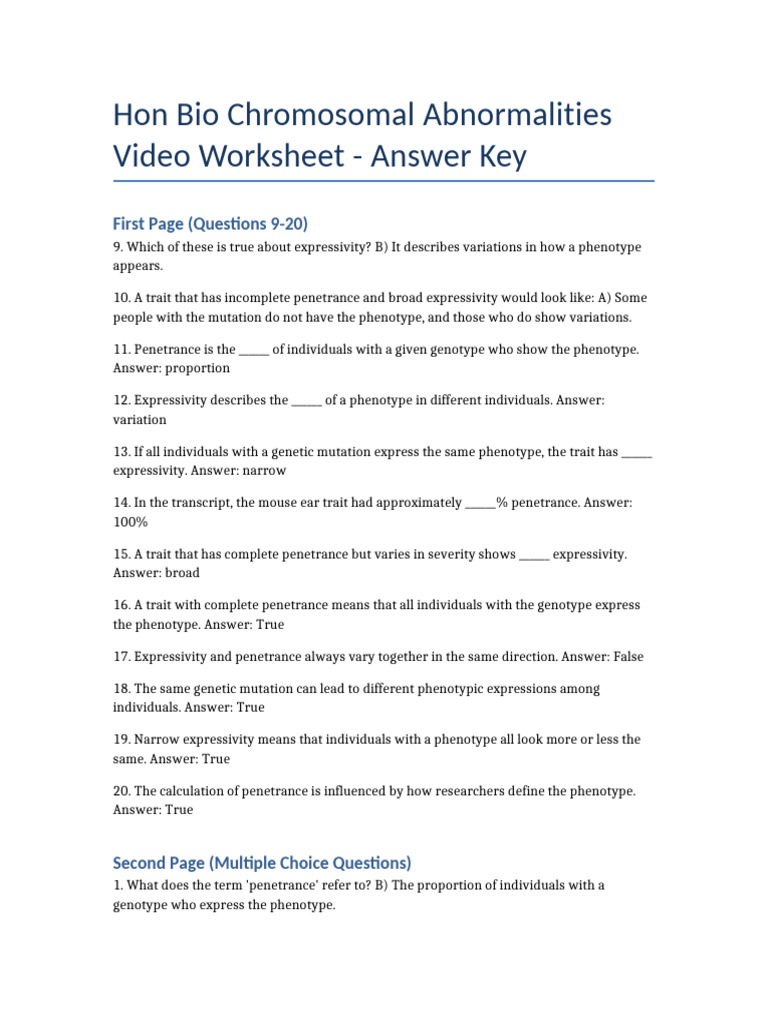 Chromosomal Abnormalities Answer Key | PDF | Phenotype | Genotype