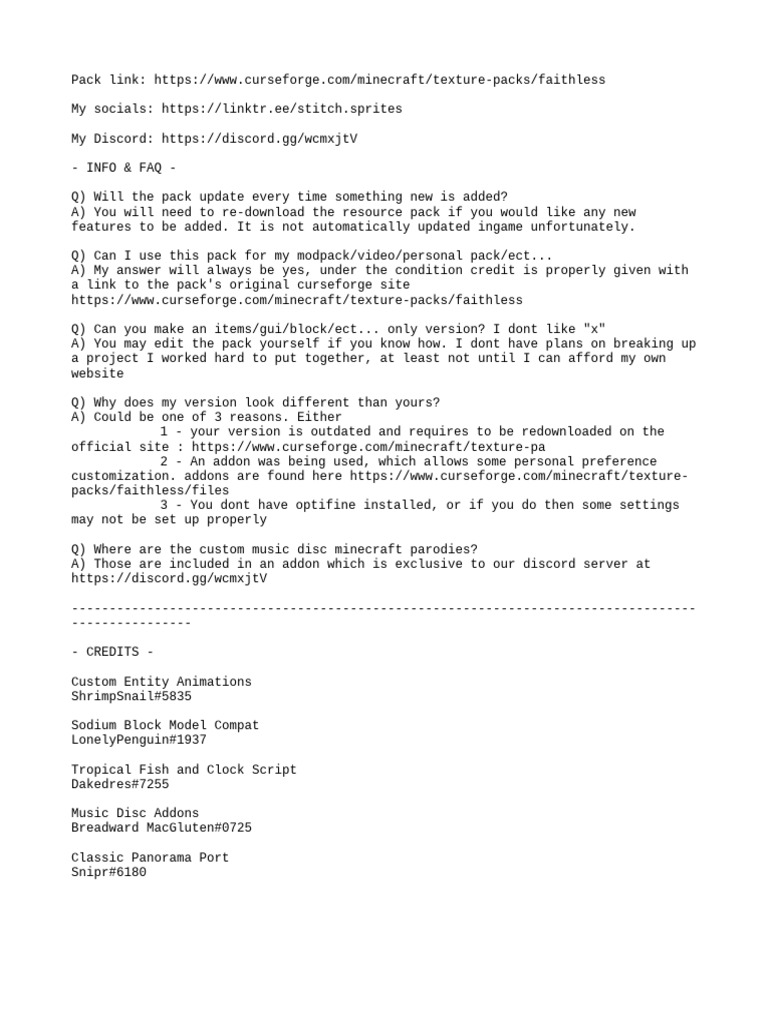 Faithless Minecraft Texture Pack FAQ | PDF