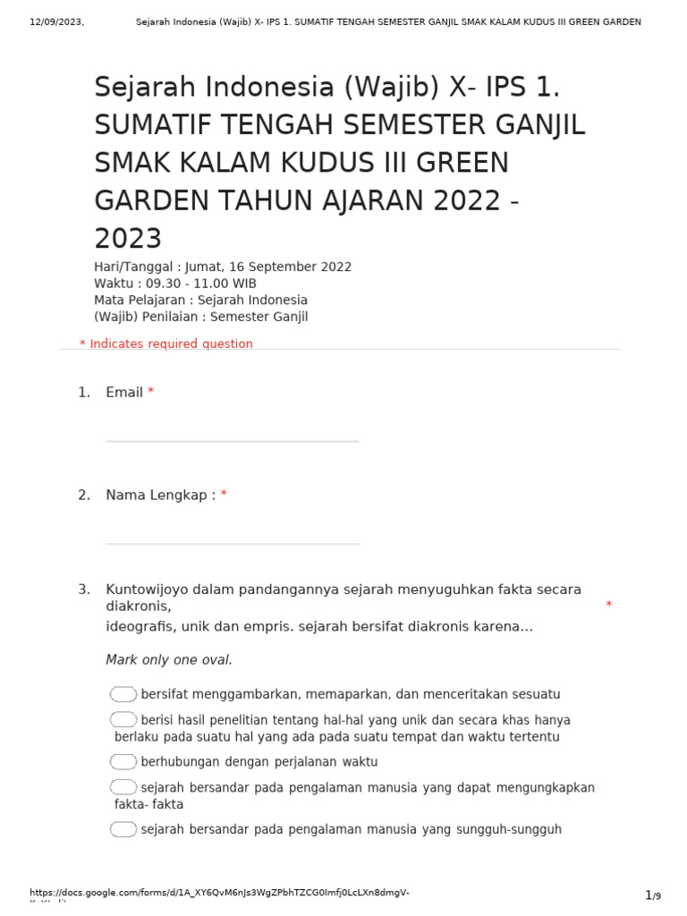 STS Sejarah Indonesia (Wajib) X IPS 1 - Google Forms | PDF