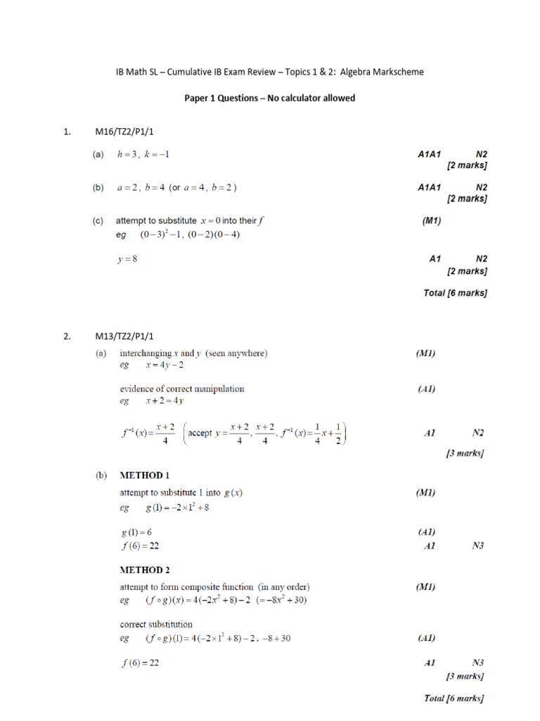 IB Math SL - IB Exam Review - Topic 1_2 Algebra markscheme | PDF