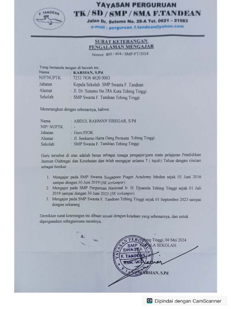 Surat Keterangan Pengalaman Mengajar | PDF