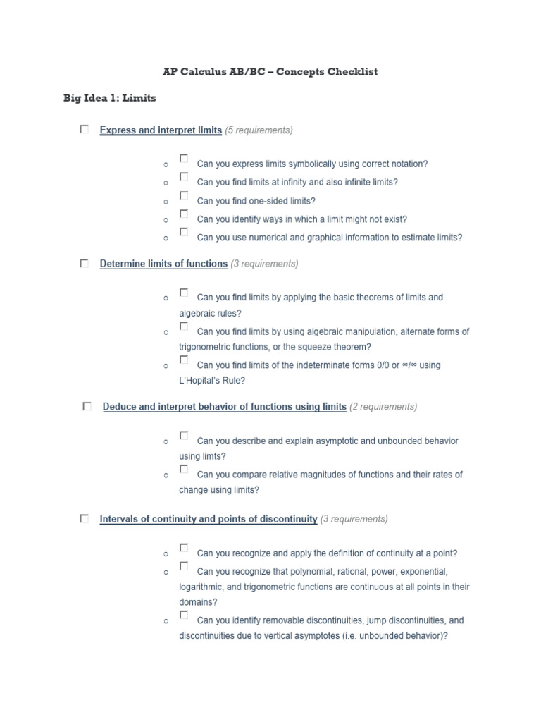 AP Calculus Concept Checklist | PDF | Integral | Function (Mathematics)