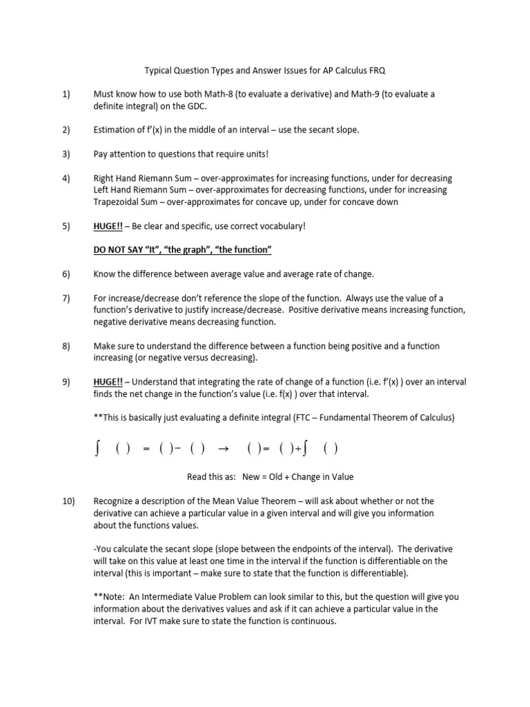 Typical Question Types and Answer Issues For AP Calculus FRQ | PDF ...