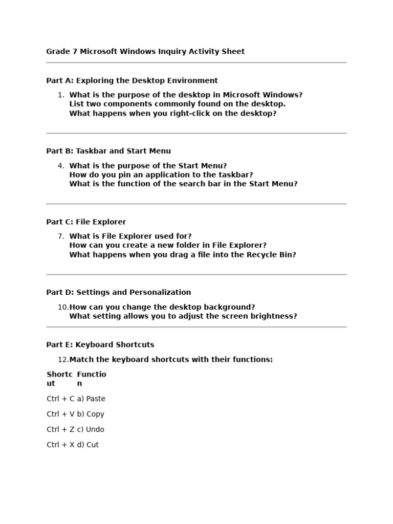 Grade 7 Microsoft Windows Inquiry Activity Sheet | PDF