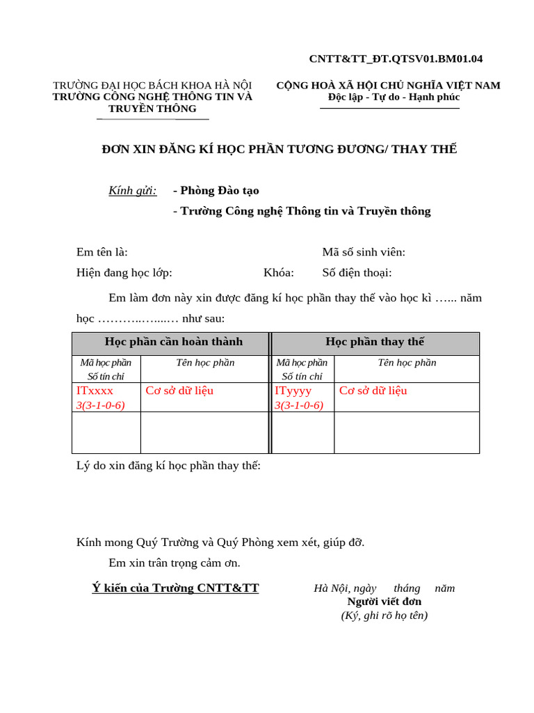 08. CNTTTT DT.qtsv01.BM01.04 Don Xin Dang Ki Hoc Phan Tuong Duong Thay The | PDF