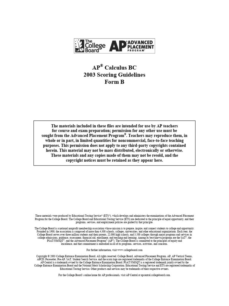 Calc BC - 2003 - FRQ - Form B Answers | PDF | Advanced Placement ...