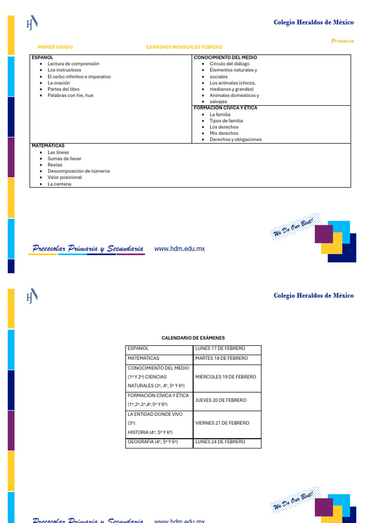 Calendario y Temario de Exámenes de Español FEBRERO 2025 - 1° | PDF