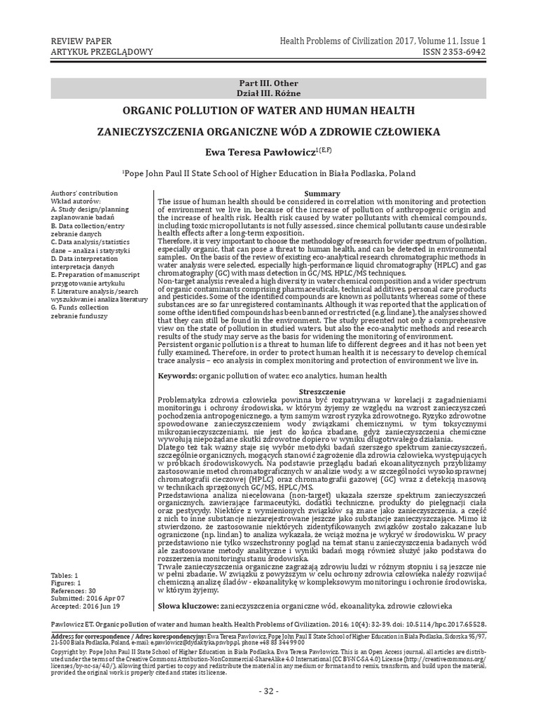 Organic Pollution of Water and Huma | PDF