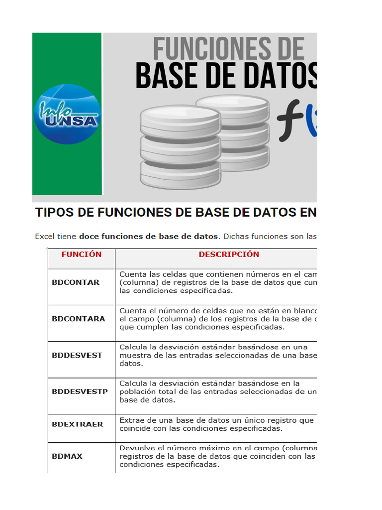Funciones de Base de Datos BD | PDF | Microsoft Excel