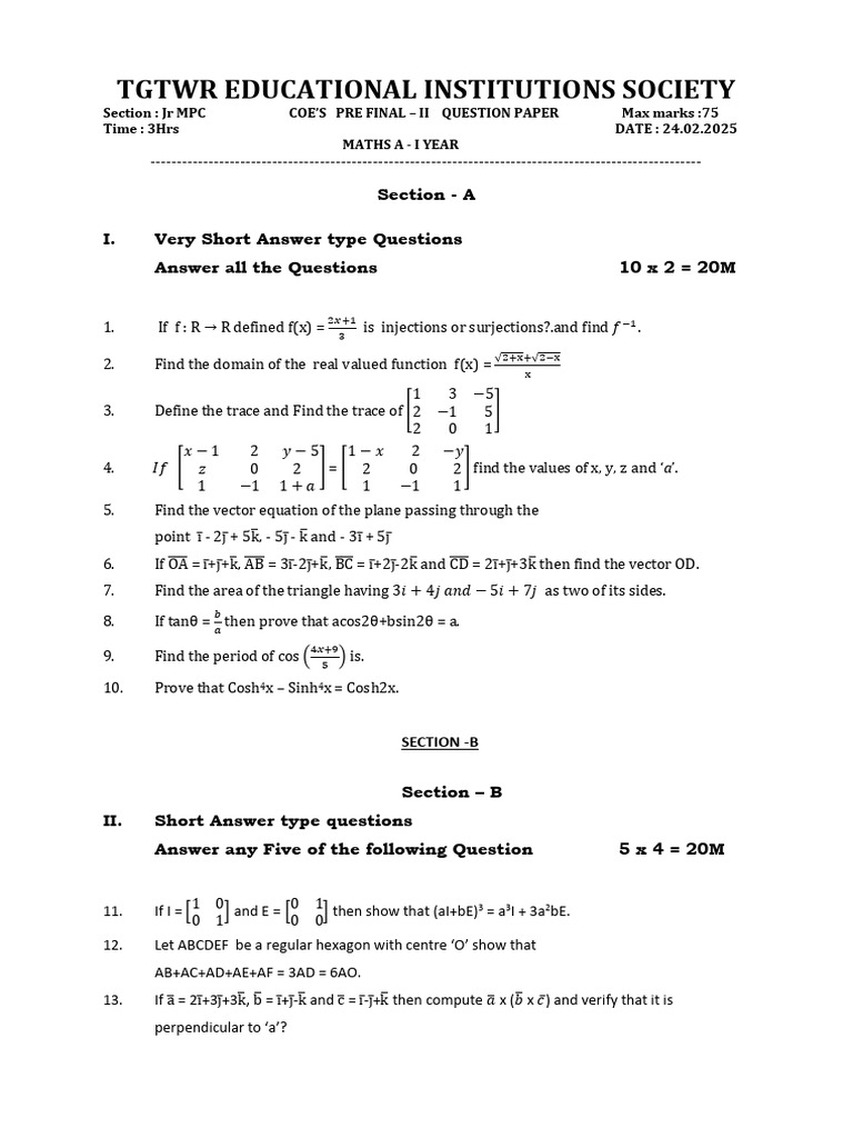 Maths - Ia Pre Final - 2 1 ST Year 24.02.2025 | PDF | Mathematics ...