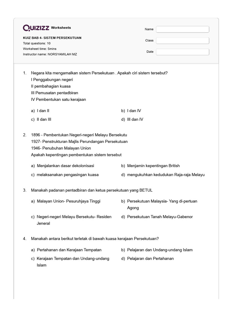 Kuiz Bab 4 - Sistem Persekutuan - Quizizz | PDF