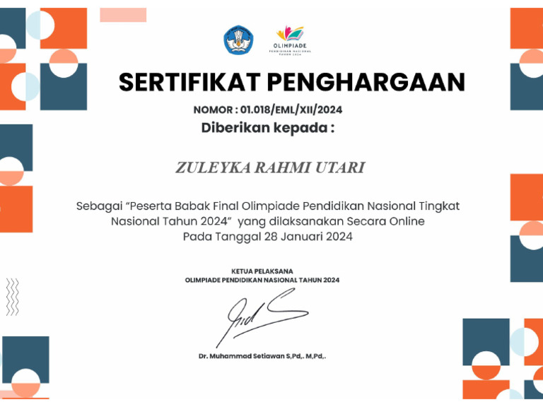 Sertifikat Penghargaan Zuleyka Rahmi Utari | PDF