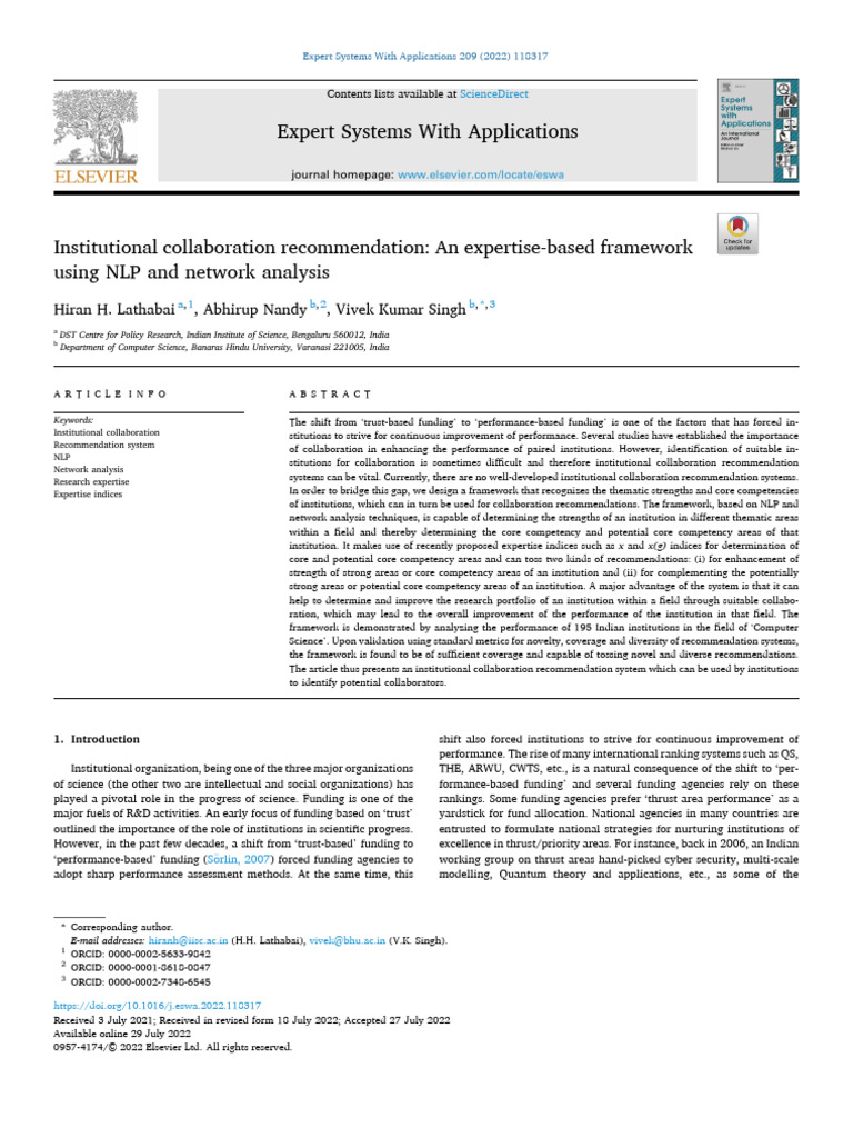 Institutional Collaboration Recommendation- An Expertise-based ...