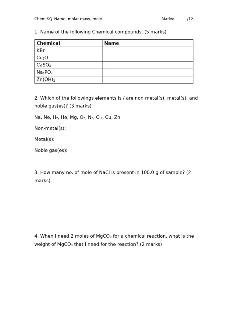 Chem Quiz1 - Name Mass Mole | PDF