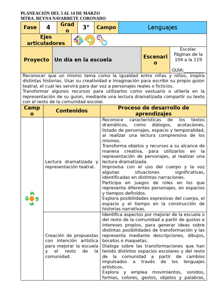 3er Grado Marzo - 06 Un Día en La Escuela (2023-2024) PLANEACION DEL 5 ...