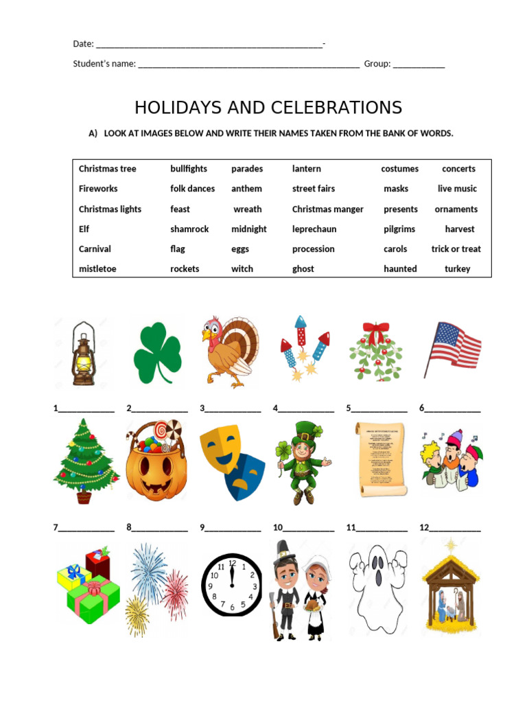 Vocabulary With Pics - Docx Holidays and Celebrations by Me | PDF