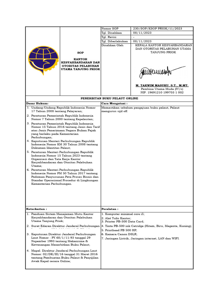 230 Sop Ksop Priok 11 2023 Rev.00 Penerbitan Buku Pelaut Online | PDF