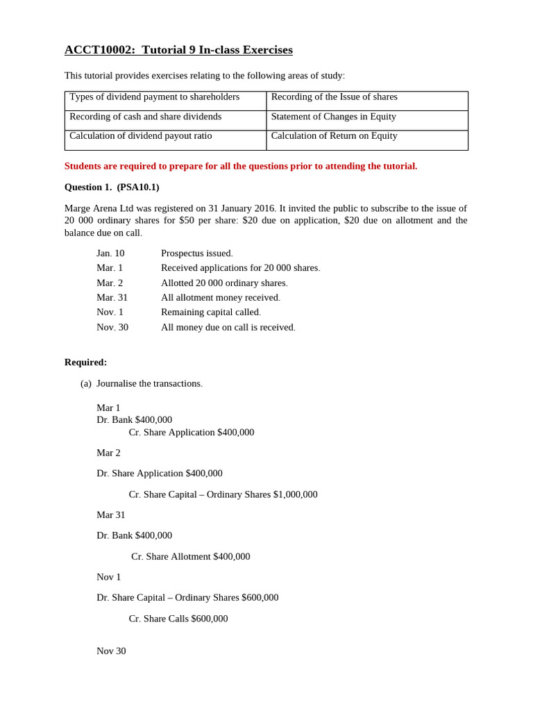 ACCT10002 Tutorial 9 In-Class Exercises | PDF | Dividend | Retained Earnings