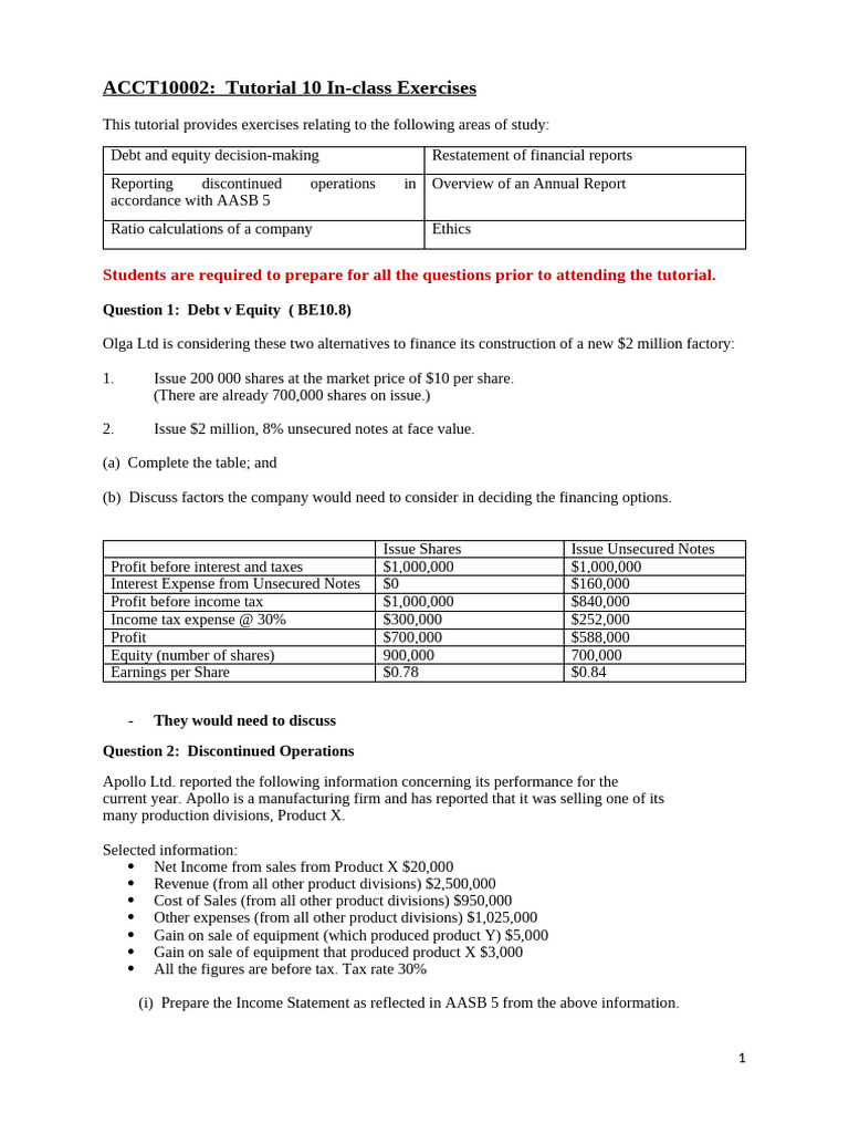 ACCT10002 Tutorial 11 In-class Exercises | PDF | Revenue | Equity (Finance)
