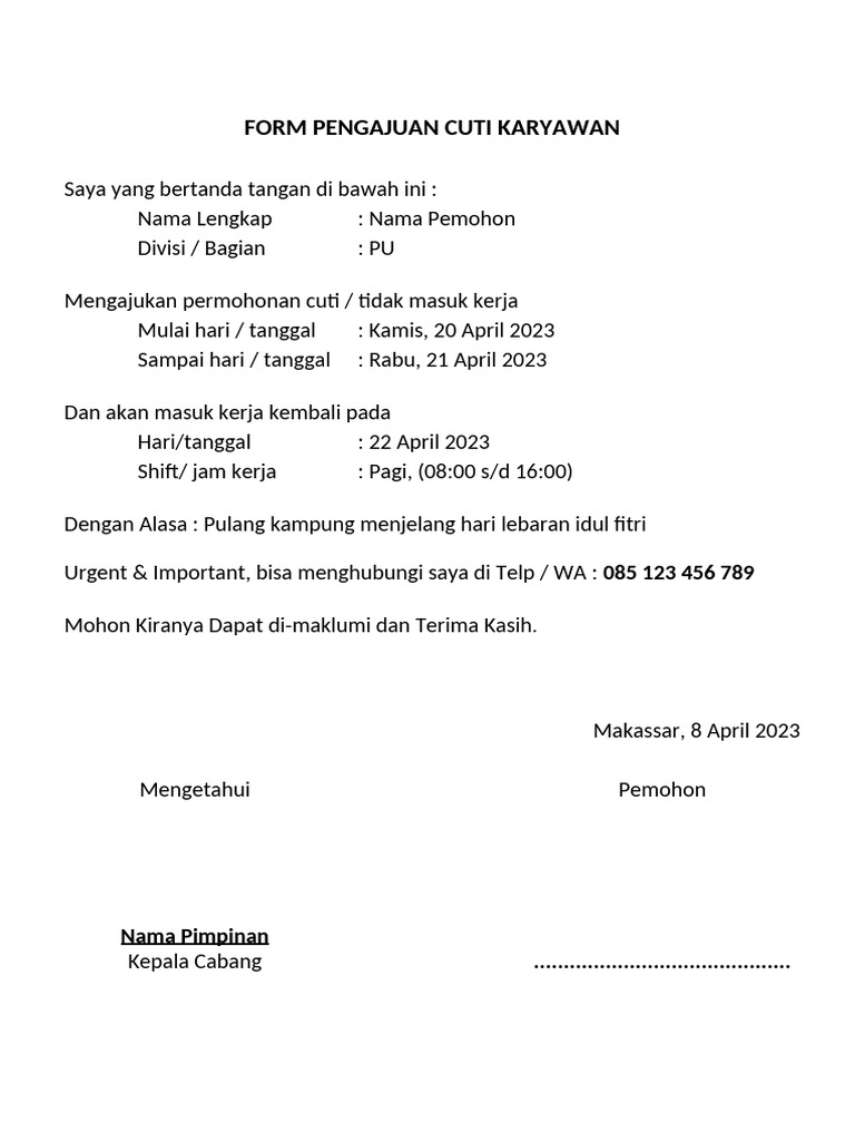FORM CUTI (Ukuran Kertas A5)Sdfsf | PDF