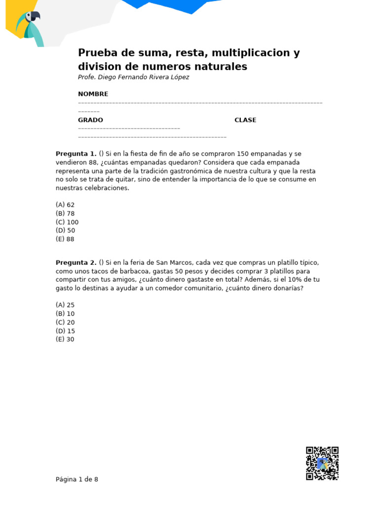 Prueba de Suma, Resta, Multiplicacion y Division de Numeros Naturales ...