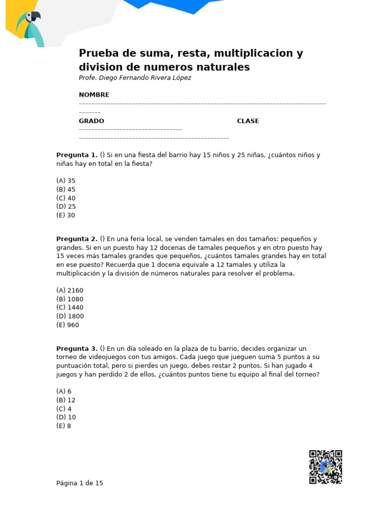 Prueba de Suma, Resta, Multiplicacion y Division de Numeros Naturales ...