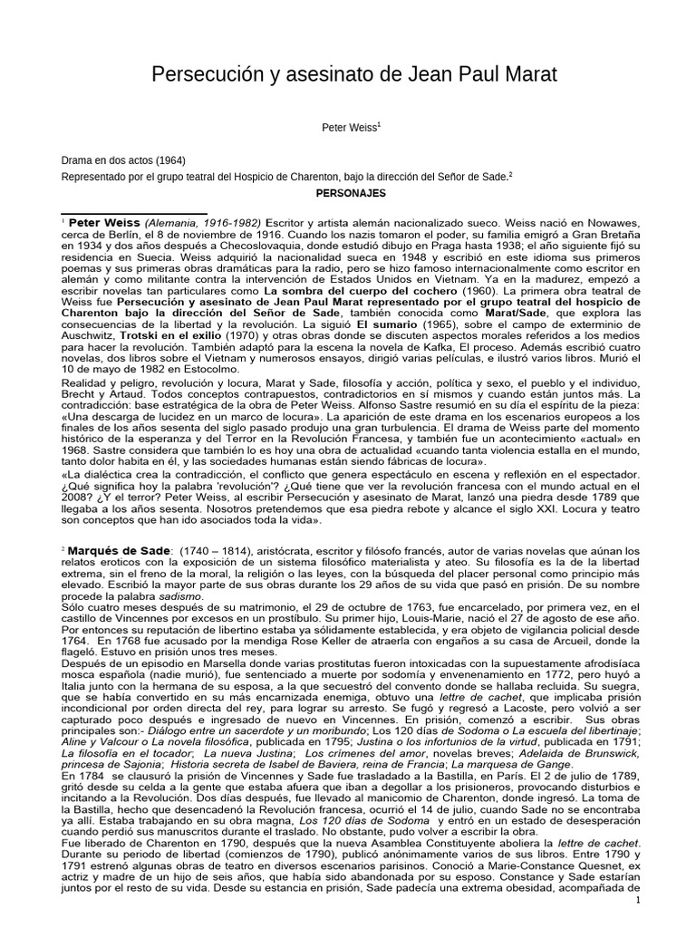 OBRA - Weiss, Peter - Persecucion y Asesinato de Juan Paul Marat | PDF