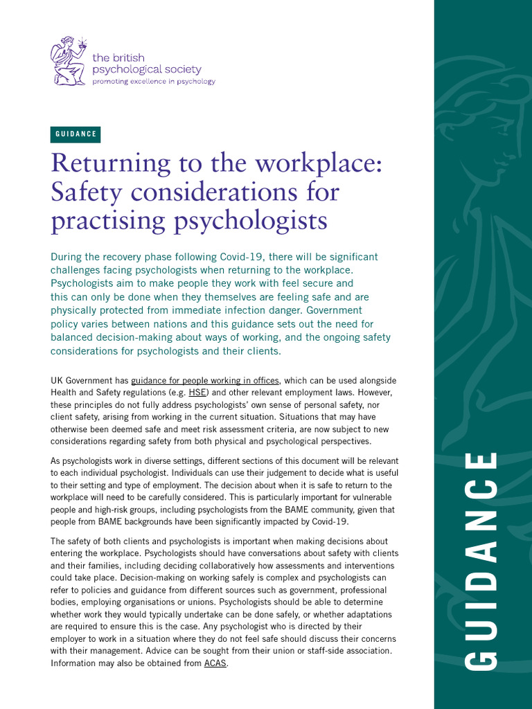 BPS British Psychological Society Returning To The Workplace Safety Considerations For ...