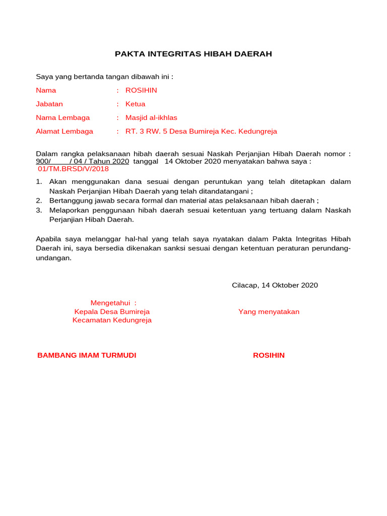 Contoh Surat SPJ Hibah Daerah | PDF