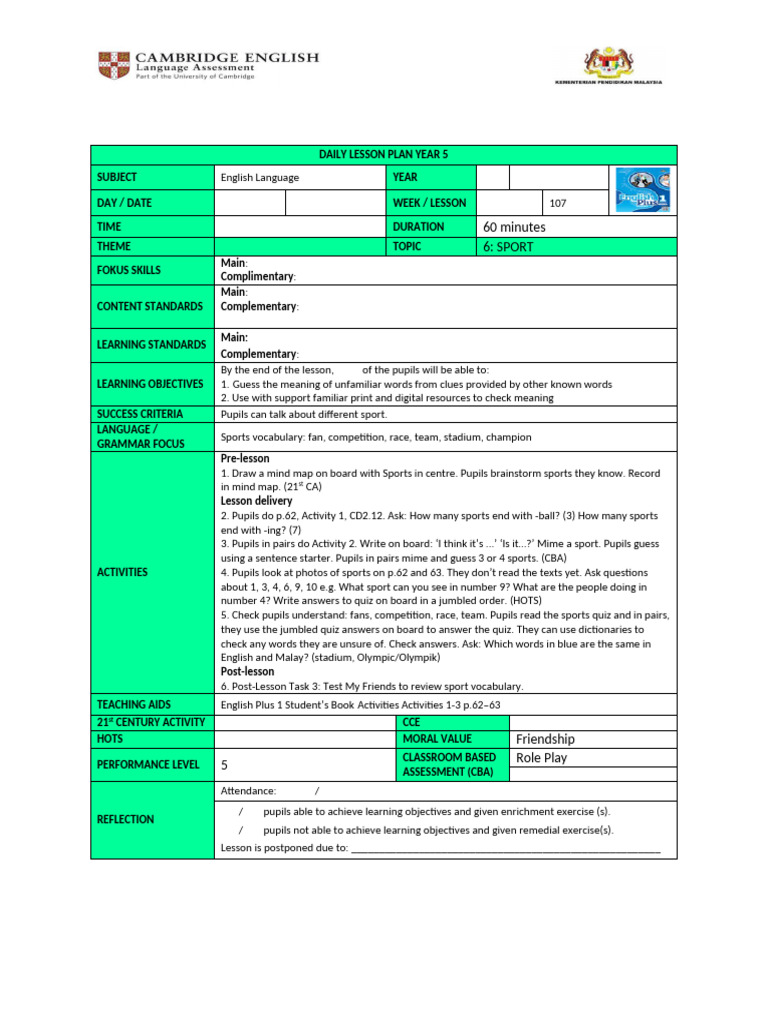 BI Year 5 Unit 6 (LP107-124) | PDF | Lesson Plan | English Language