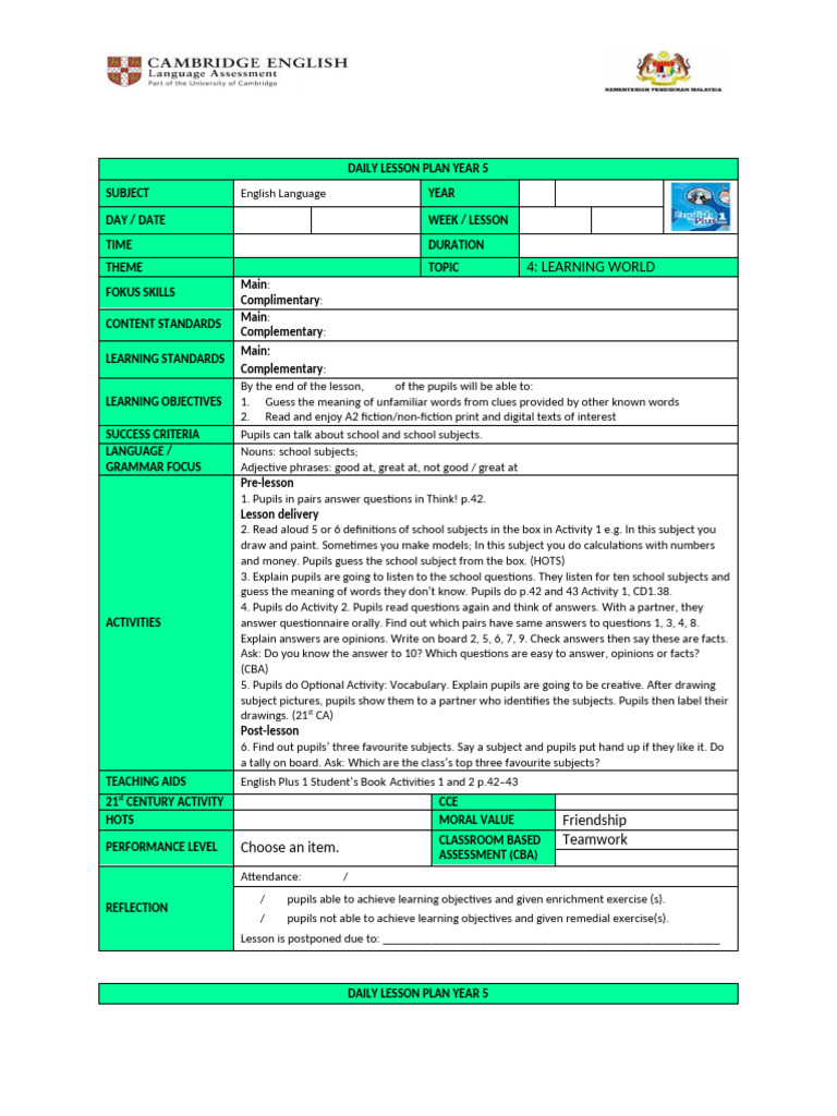 BI Year 5 Unit 4 (LP71-88) | PDF | Lesson Plan | English Language