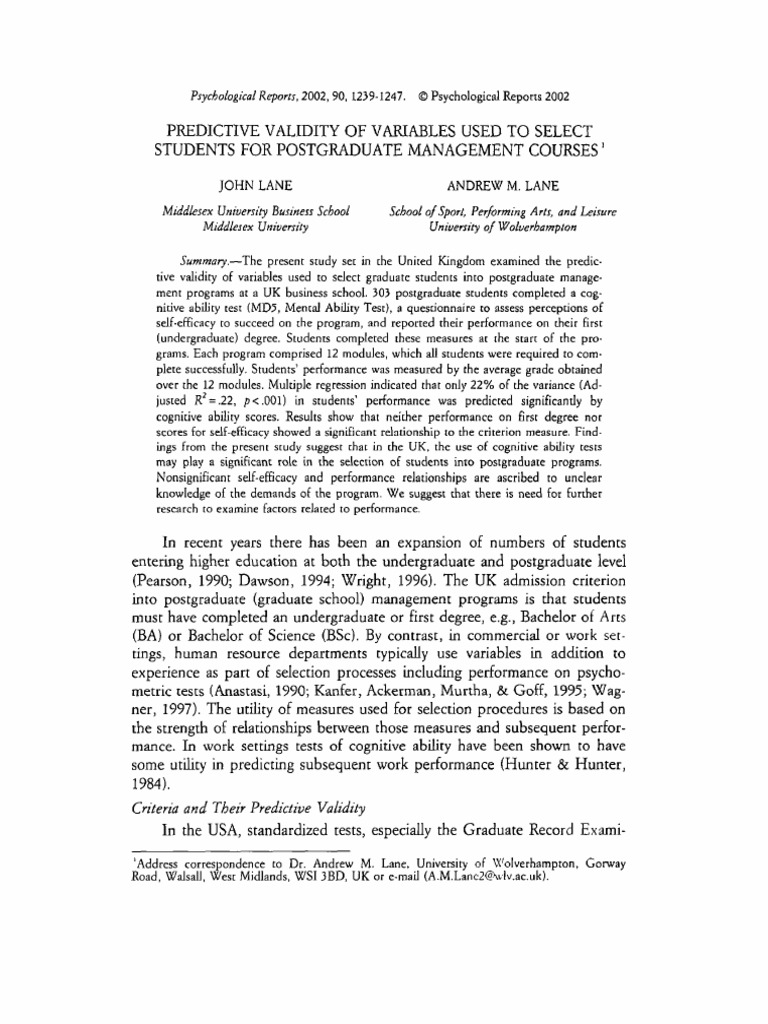 Predictive Validity of Variables Used To Select Students For Postgraduate Management Courses ...