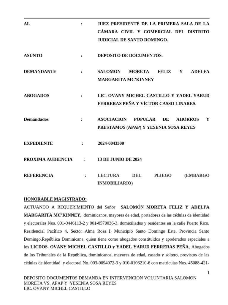 Depósito de Documentos Demanda en Intervención Voluntaria Solomon Moreta 2 | PDF | República ...