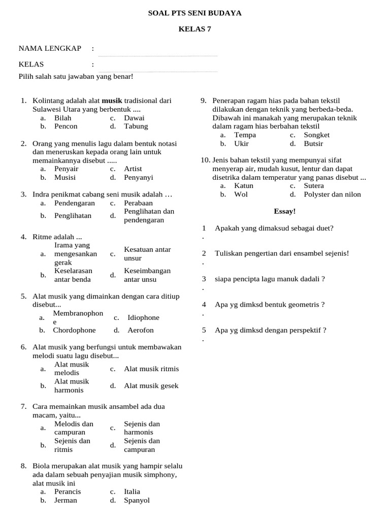 SOAL PTS SENI BUDAYA kelas 7 | PDF