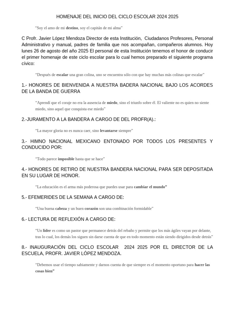 Programa de Homenaje Ciclo Escolar 2024-2025 | PDF