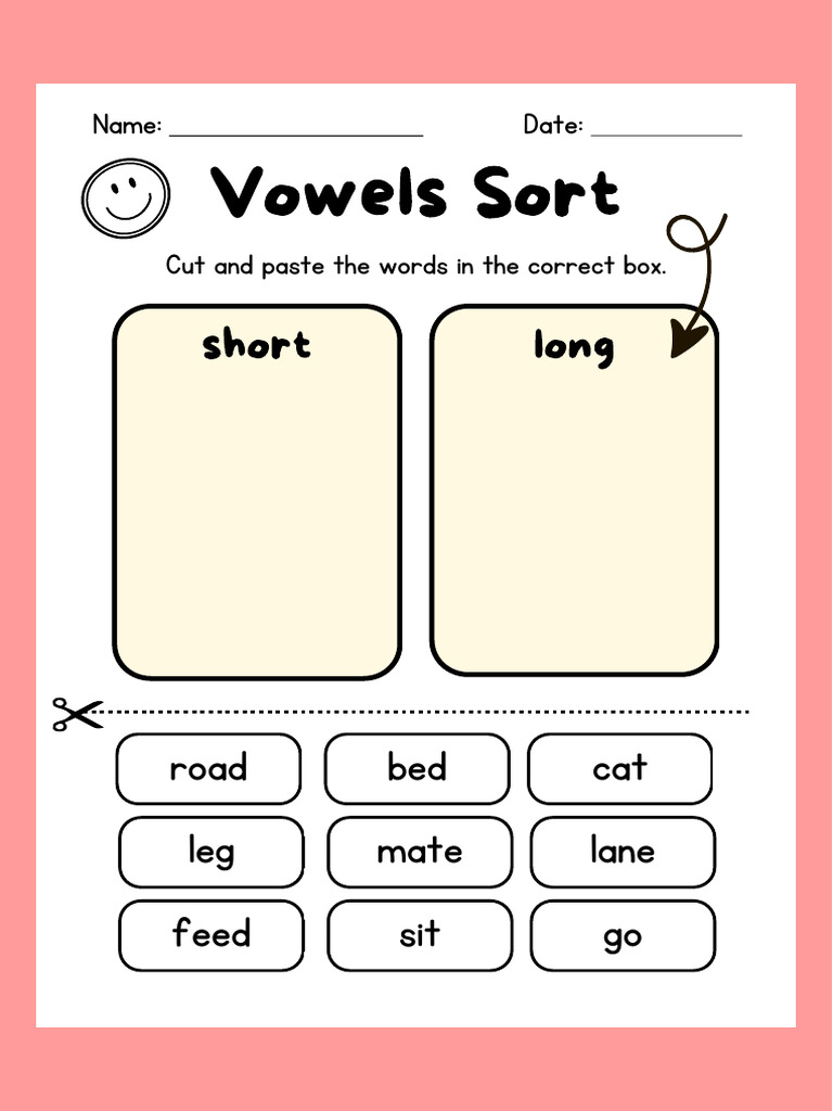 Long Short Vowel Sort Cut and Paste Worksheet in Red Yellow ...